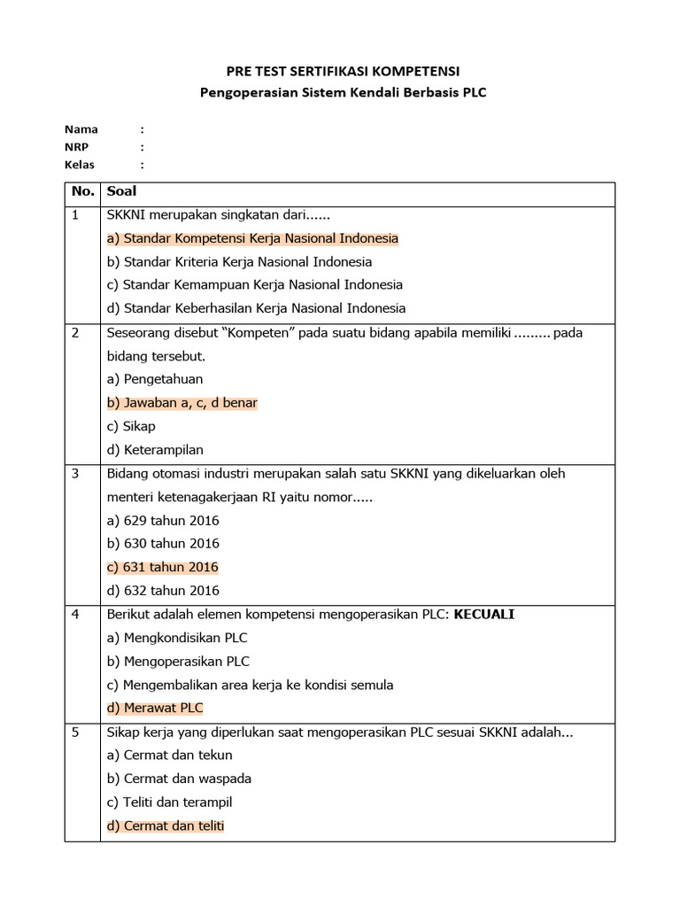Y - Soal PRE TEST Pilihan Ganda SERTIKOM PLC Omron | PDF
