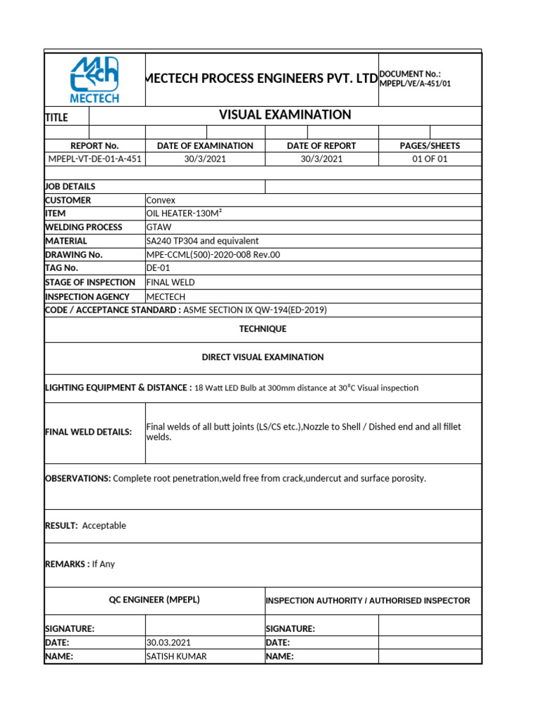 Sample Copy of VISUAL EXAMINATION | PDF