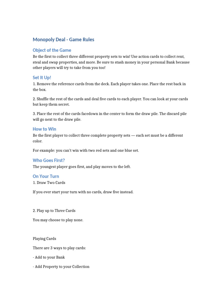 Monopoly Deal Game Rules Explained | PDF