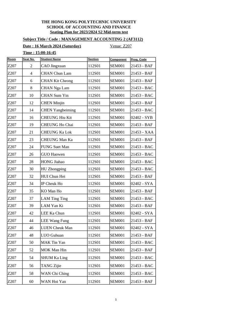 AF3112 - 2023-24 S2 (Seating Plan) | PDF