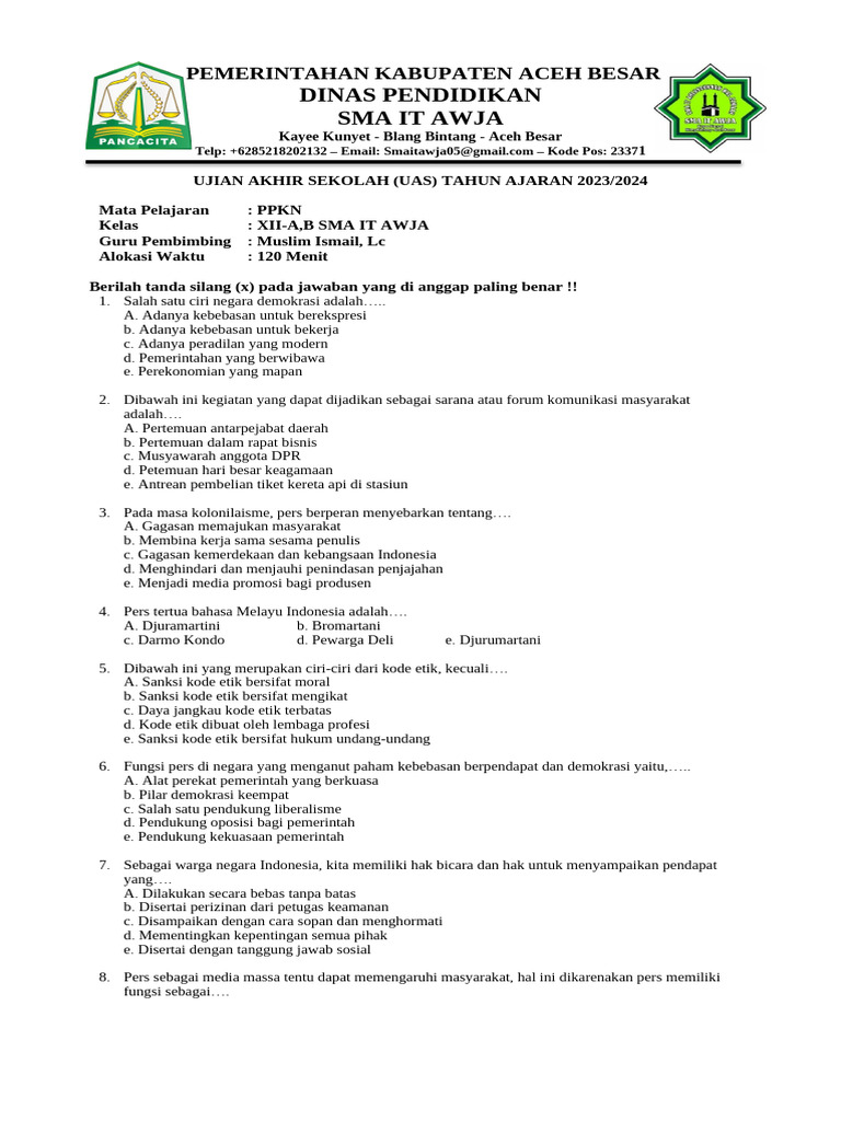 Soal Ujian Akhir Ppkn Klas XII 2023 - 2024 | PDF