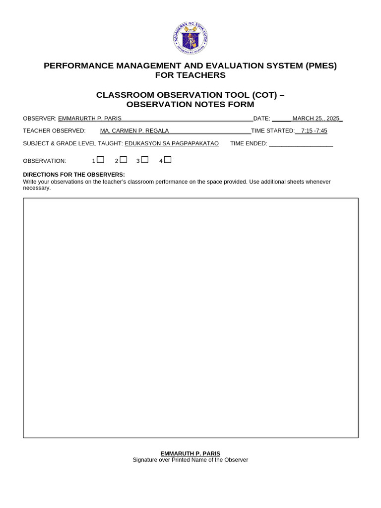 Annex C 7 - COT Observation Notes Form 1 | PDF