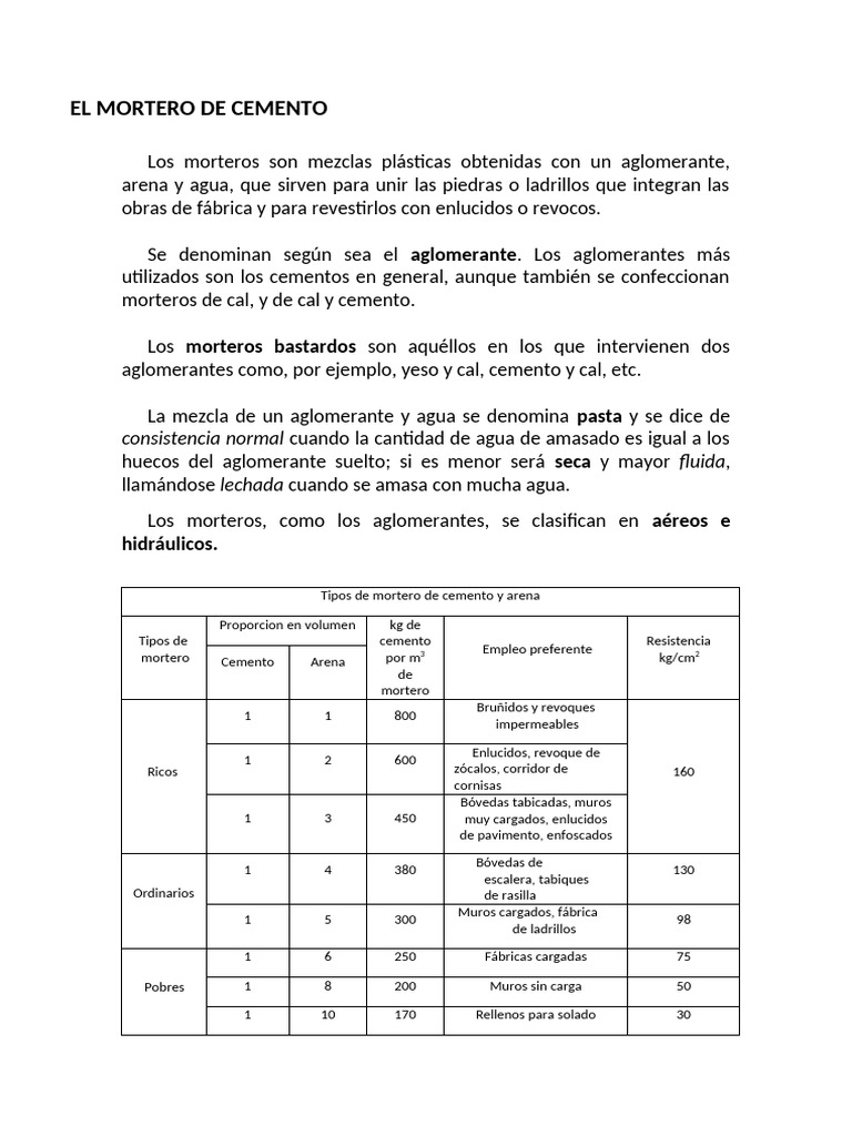 Tipos y propiedades del mortero de cemento | PDF | Hormigón | Cemento