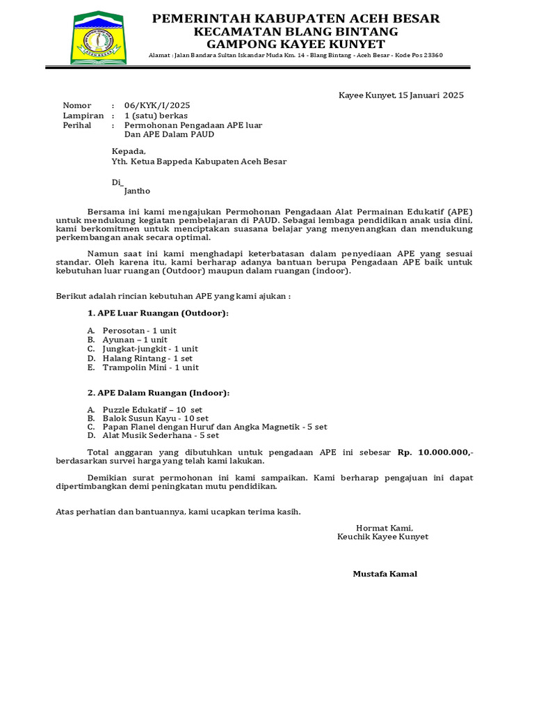 Proposal RKP 2025 KYK - Pengadaan APE Paud | PDF