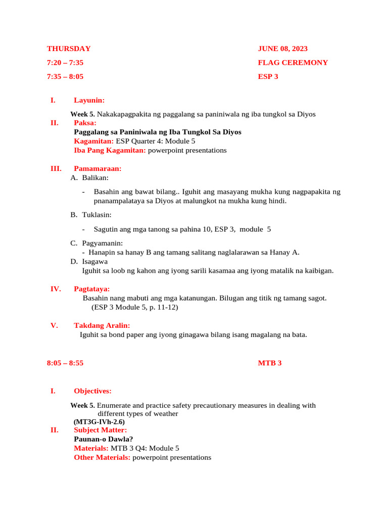 Lesson Palns Grade 3 - June 05-08 | PDF