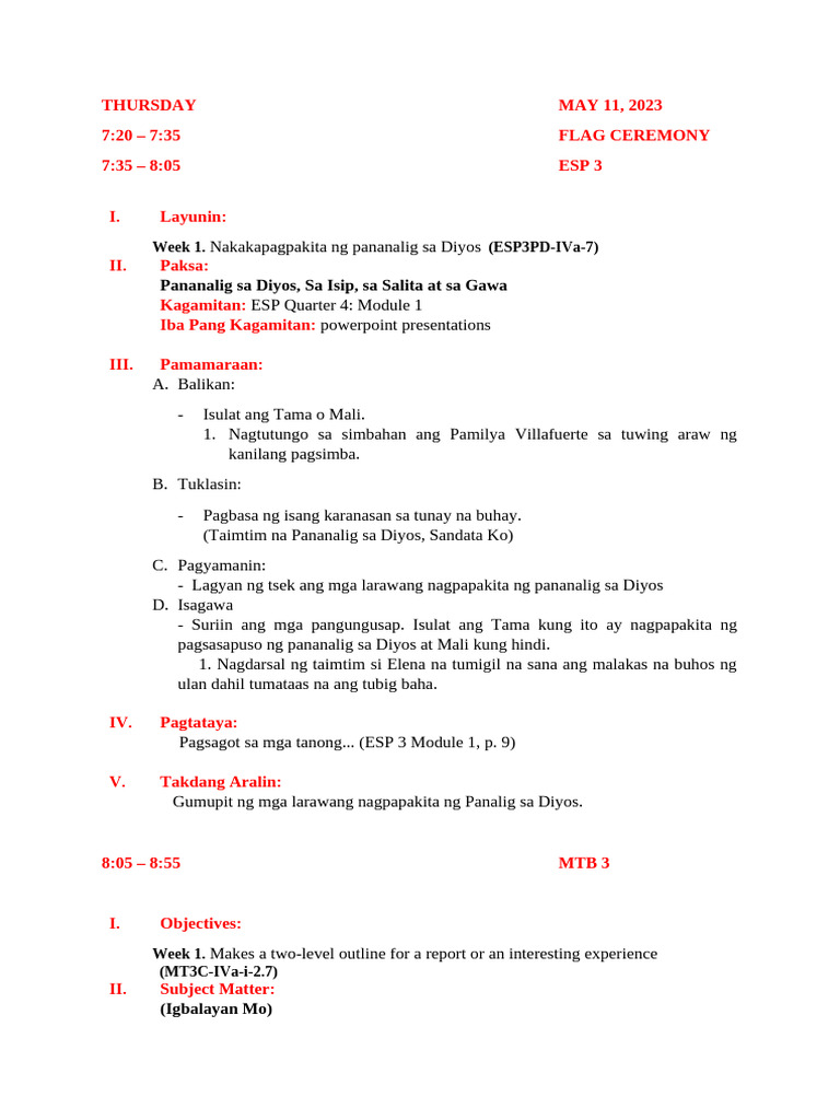 Lesson Plans Grade 3 - May 09-12, 2023 | PDF