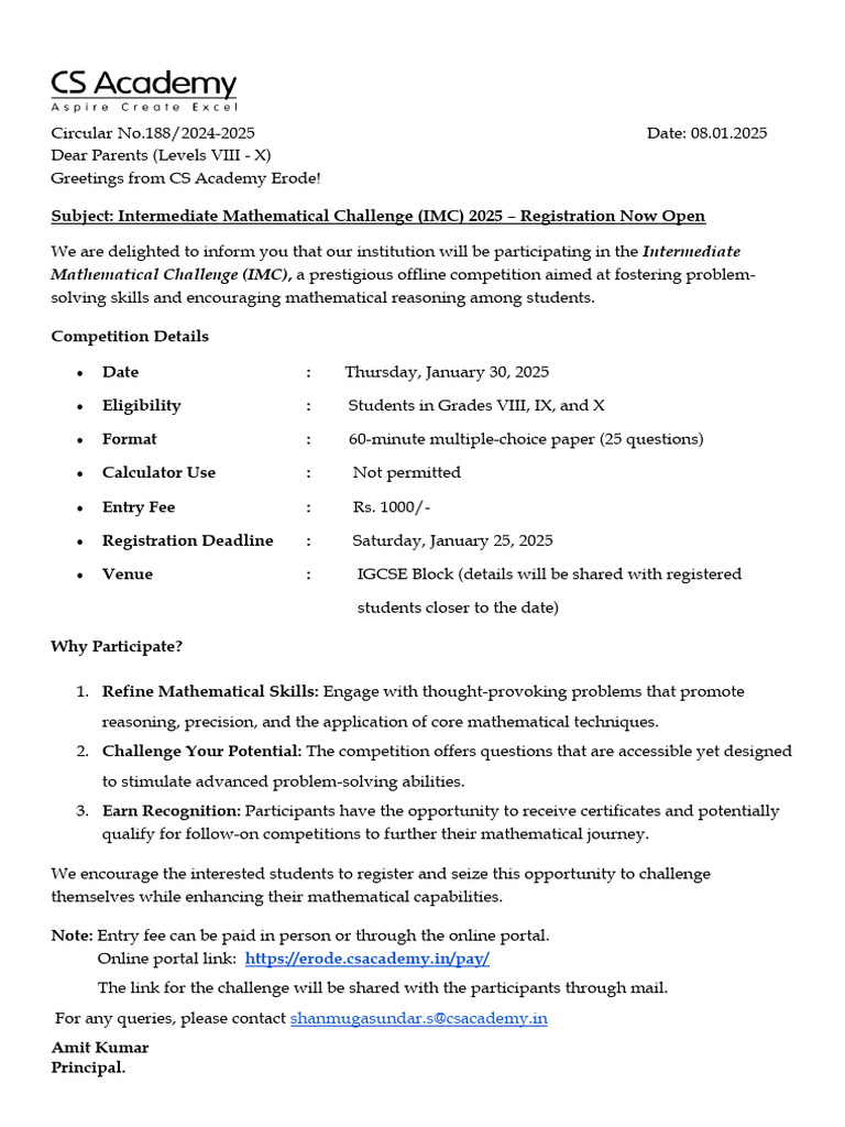 IMC 2025 Registration for Class 8-10 | PDF