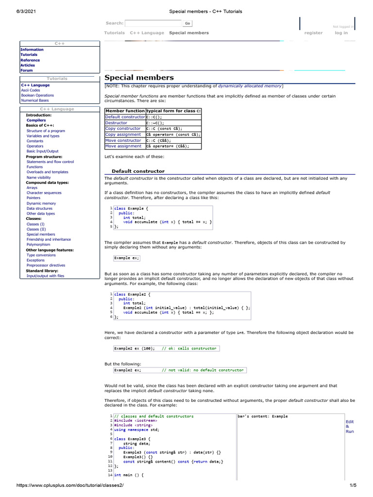 Special Members - C++ Tutorials | PDF | C++ | Constructor (Object Oriented Programming)