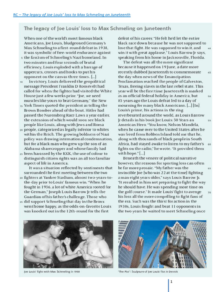 RC - The Legacy of Joe Louis' Loss To Max Schmeling On Juneteenth | PDF