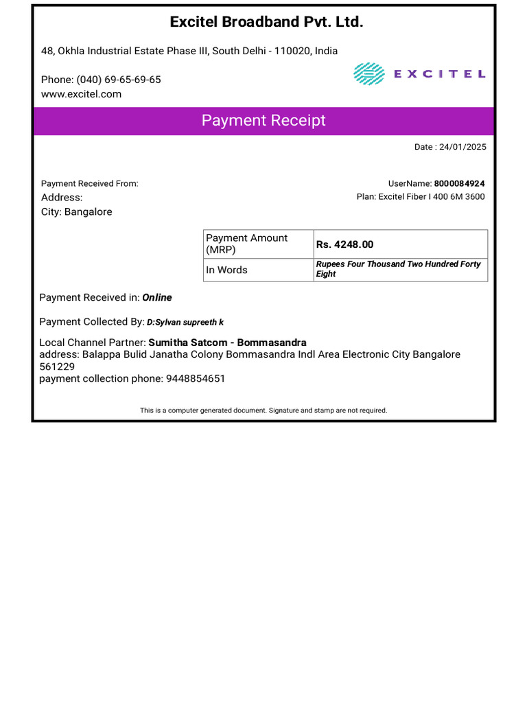 Excitel Broadband Payment Receipt | PDF