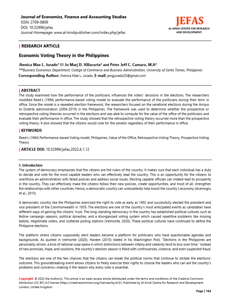 Economic Voting Theory in The Philippine | PDF | Elections | Voting