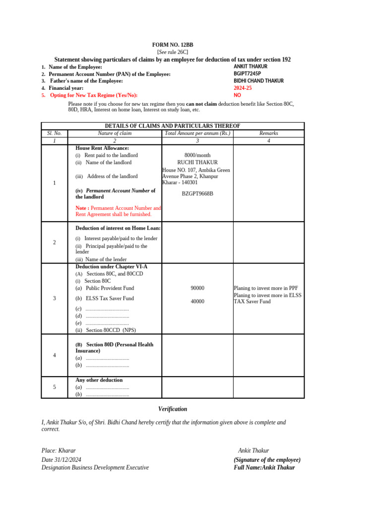 Declaration Form 12BB 2024-25 | PDF | Taxes | Public Finance