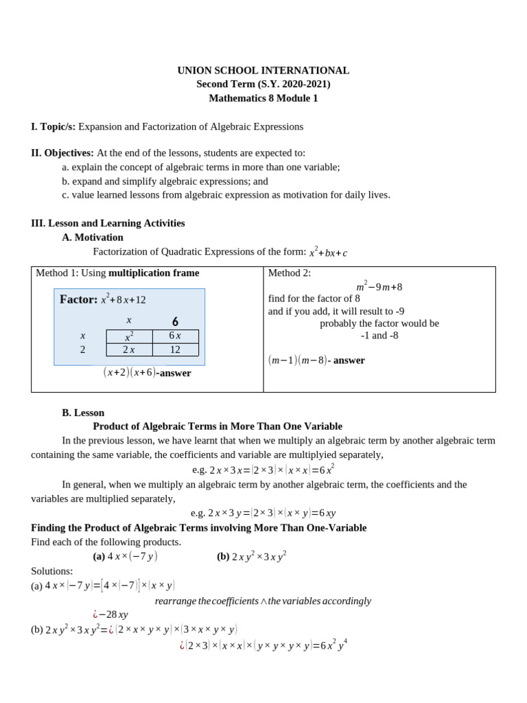 Algebraic Expressions: Expansion & Factorization | PDF | Equations | Algebra
