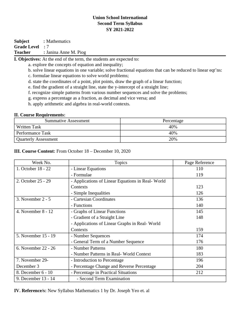 Second Term Syllabus SY 2021 2022 | PDF | Equations | Algebra