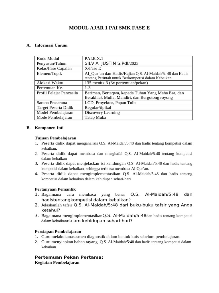 MODUL AJAR 1 PAI SMK KELAS X BAB 1 - Oke-Fin | PDF