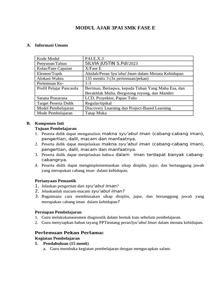 MODUL AJAR 3 PAI SMK KELAS X BAB 3 - Oke-Fin | PDF