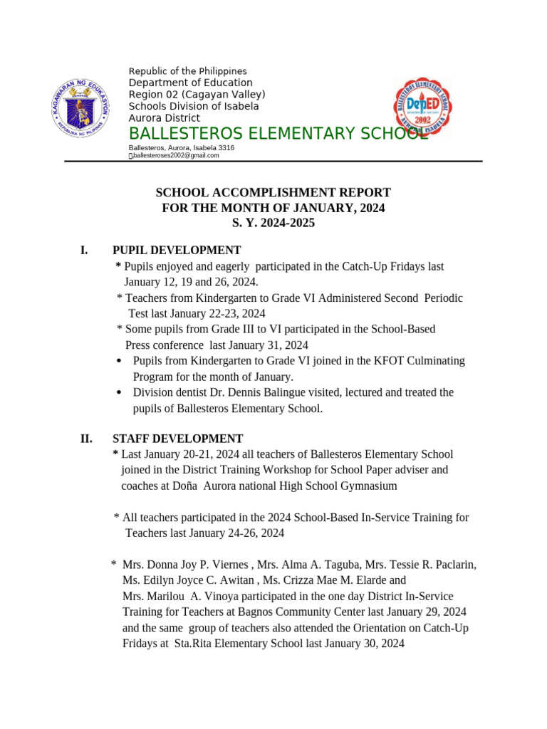 School Accomplishment Report | PDF | Teachers | Classroom