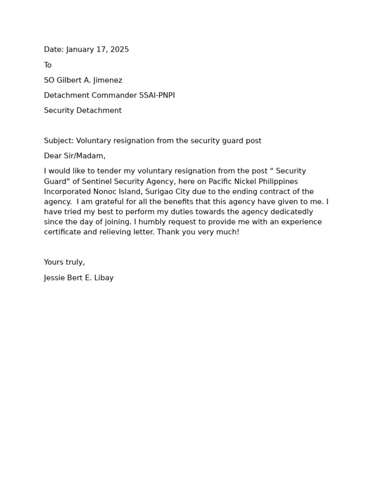 Security Guard Voluntary Resignation Letter | PDF