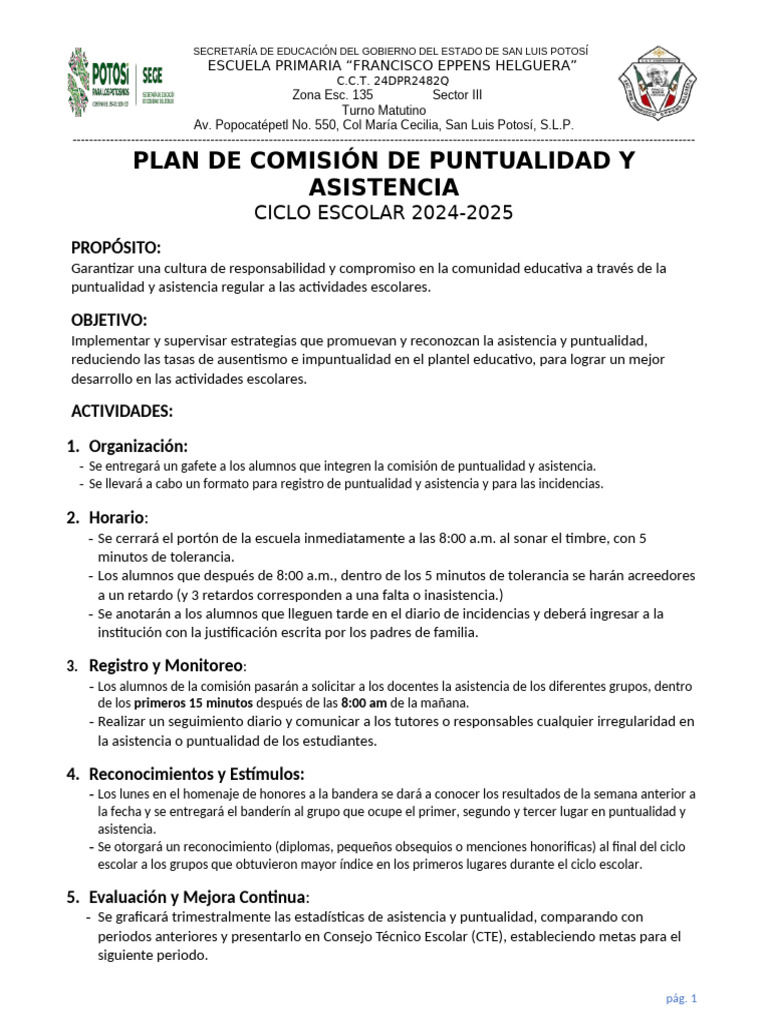 Plan Comisión Puntualidad y Asistencia 4° B 2024-2025 | PDF