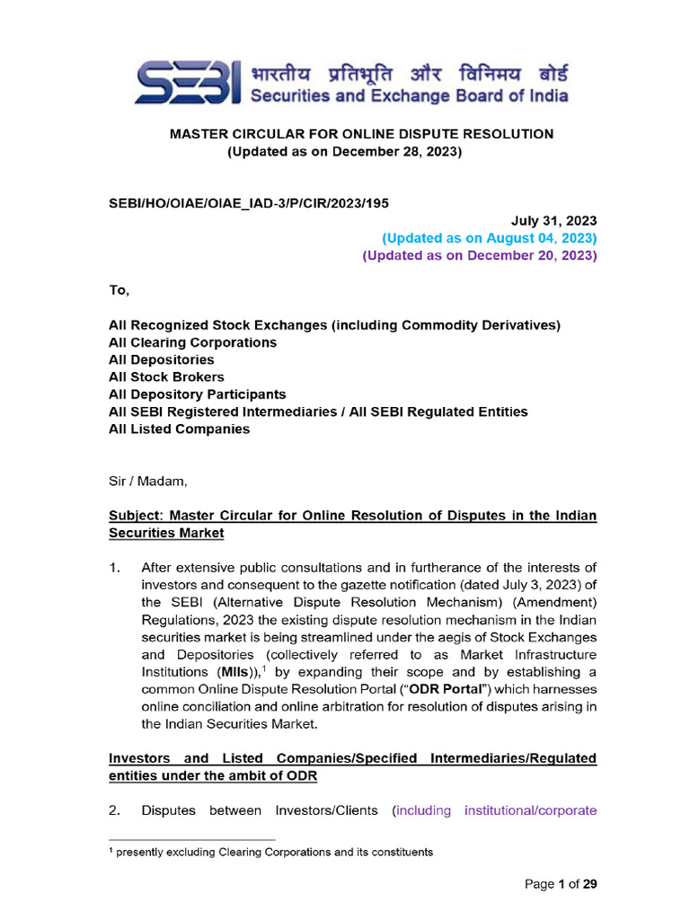 Master Circular For Online Resolution of Disputes in The Indian ...