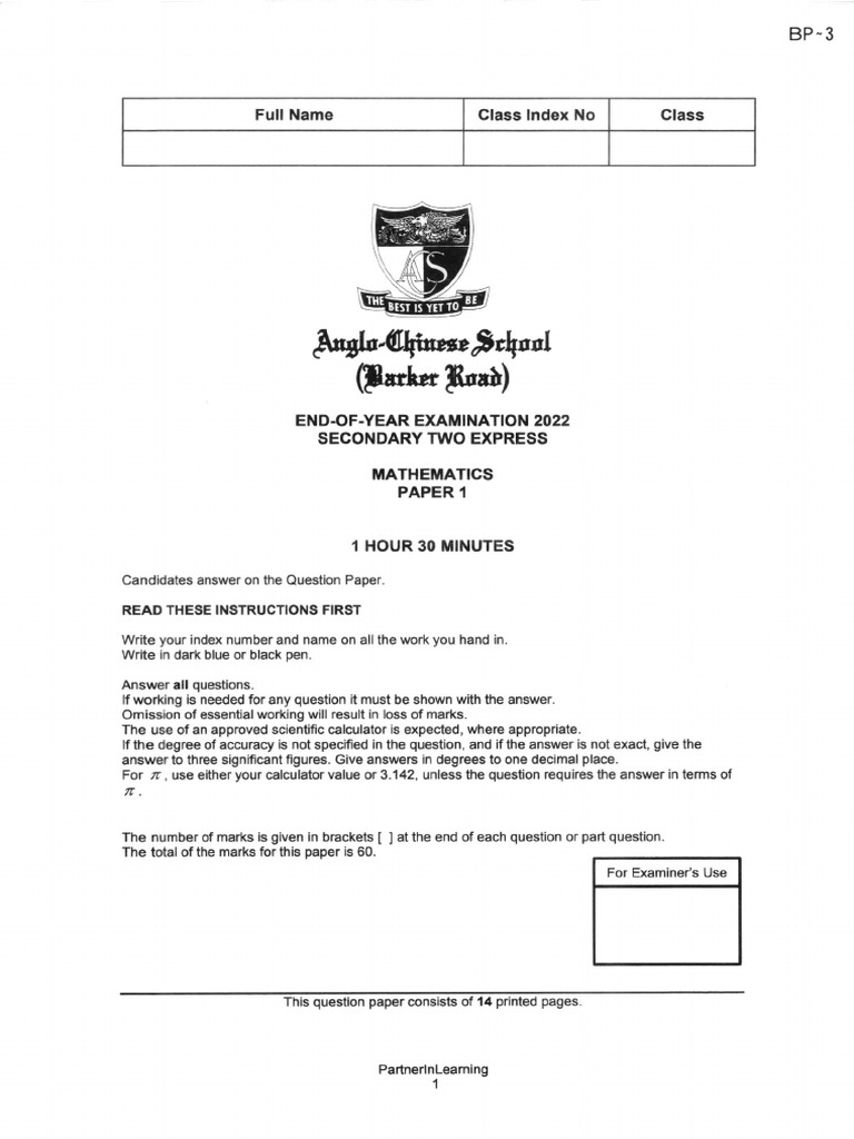 Sec 2 Math End-of-Year Exam 2022 | PDF | Mathematics