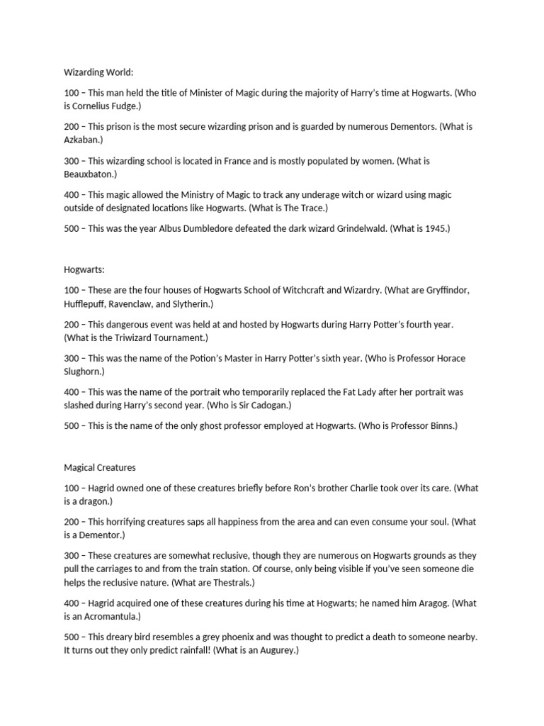 Harry Potter Jeopardy Questions | PDF | Harry Potter | Contemporary ...