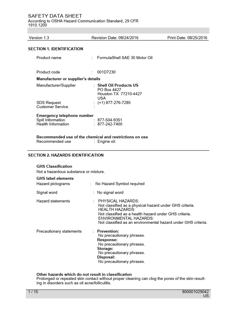FormulaShell SAE 30 Motor Oil MSDS | PDF | Occupational Safety And ...