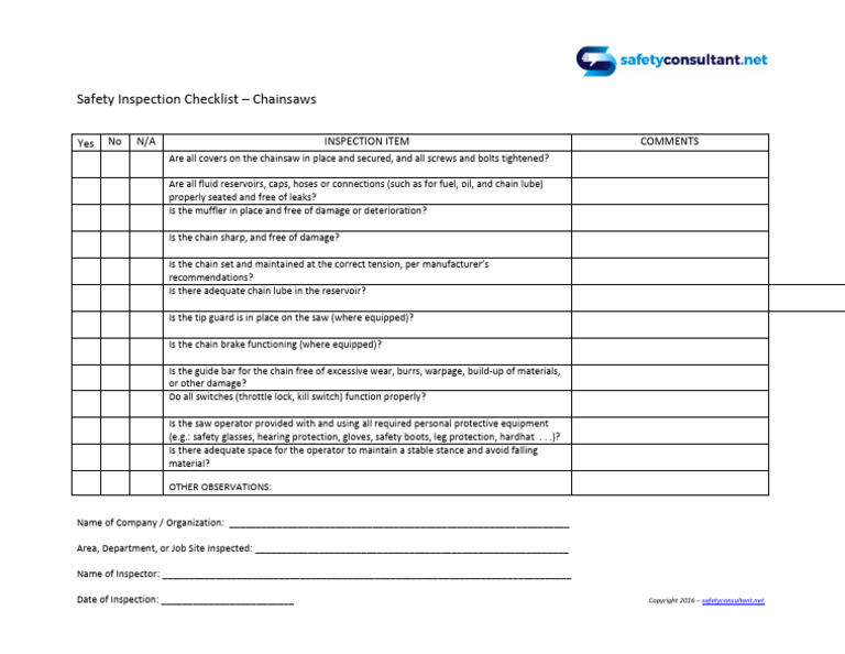 Chainsaw Safety Inspection Checklist | PDF
