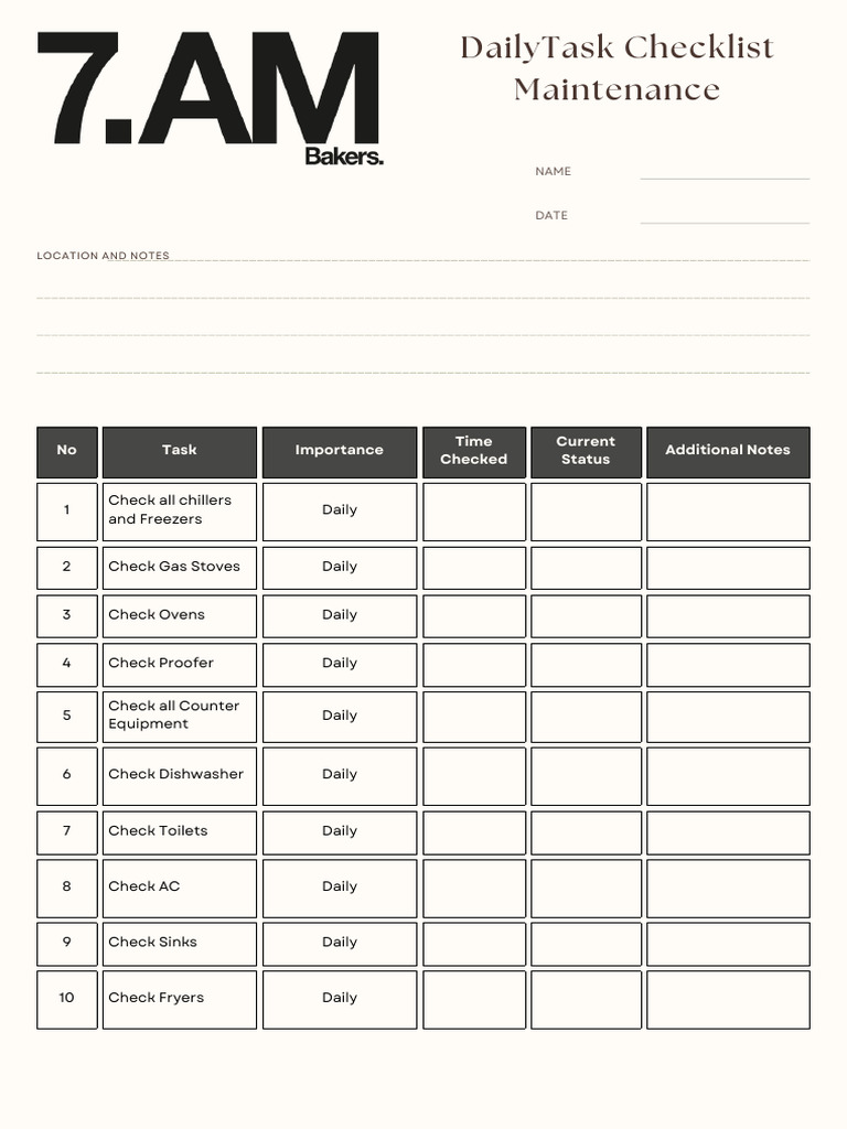 DailyTask Checklist Maintenance | PDF | Food Preparation Appliances | Manufactured Goods