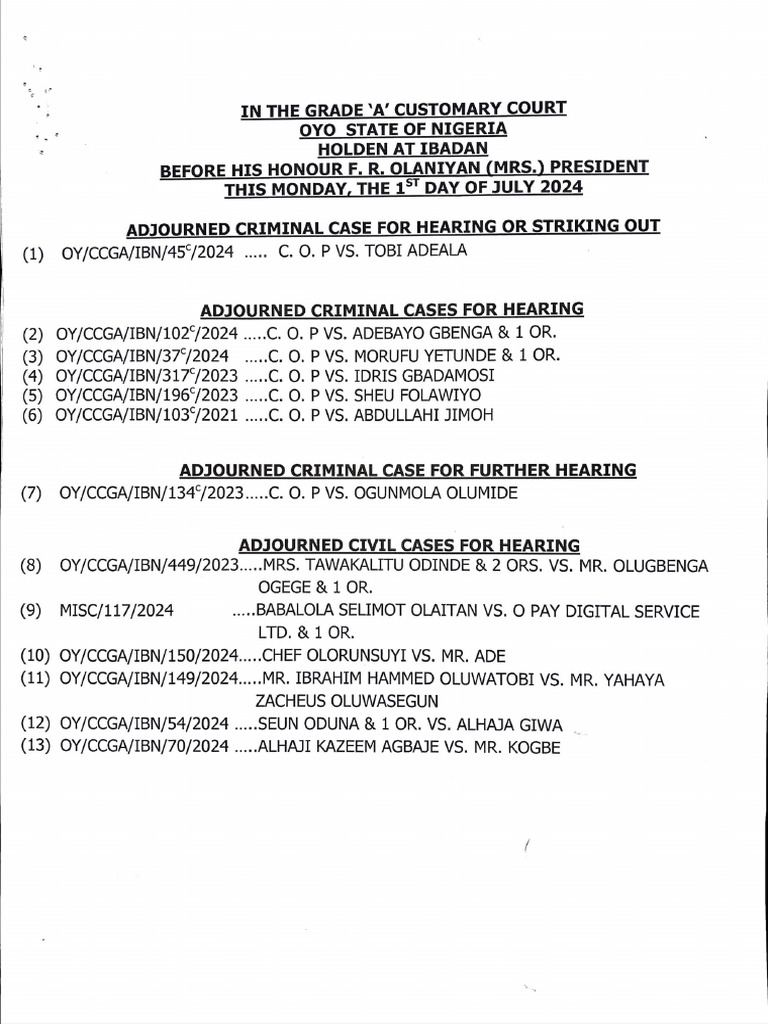 Grade A' Customary Courts Causes List | PDF