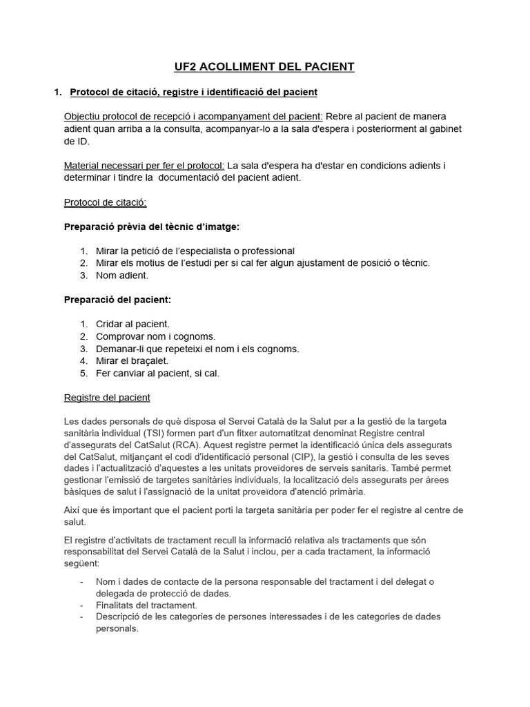 Uf2 Acolliment Del Pacient | PDF