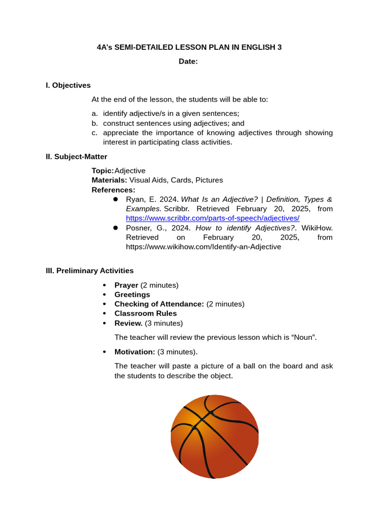 4as SEMI-DETAILED LESSON PLAN ENG3 ADJECTIVES | PDF | Adjective | Noun