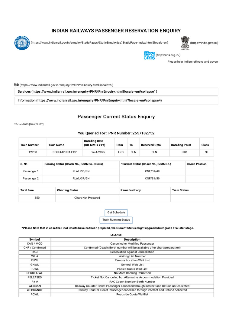 Welcome To Indian Railway Passenger Reservation Enquiry | PDF