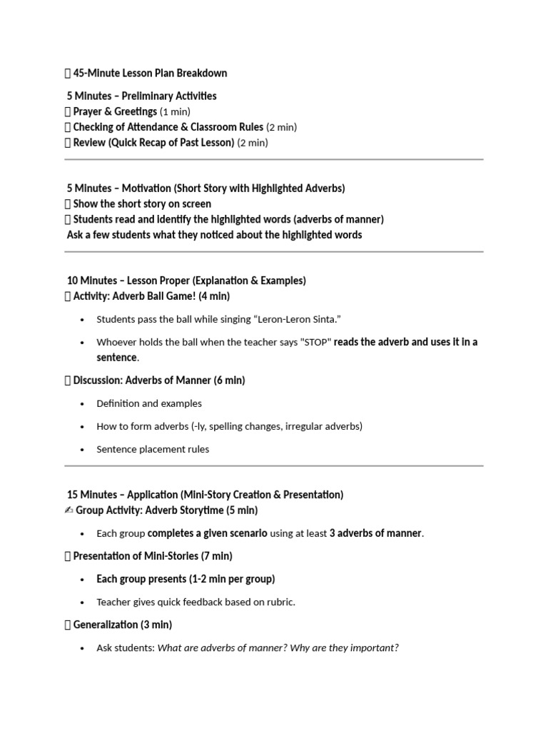 45-Minute Adverbs Lesson Plan | PDF