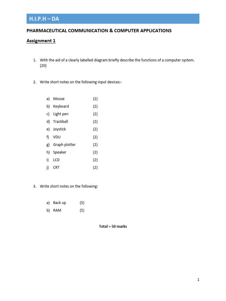 Computer Appplications Assignment 1 | PDF
