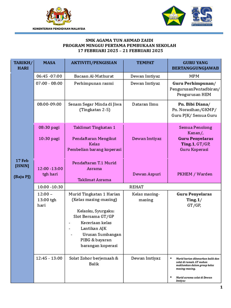 Program Minggu Pertama Sesi Persekolahan 20242025 Terkini 5 | PDF