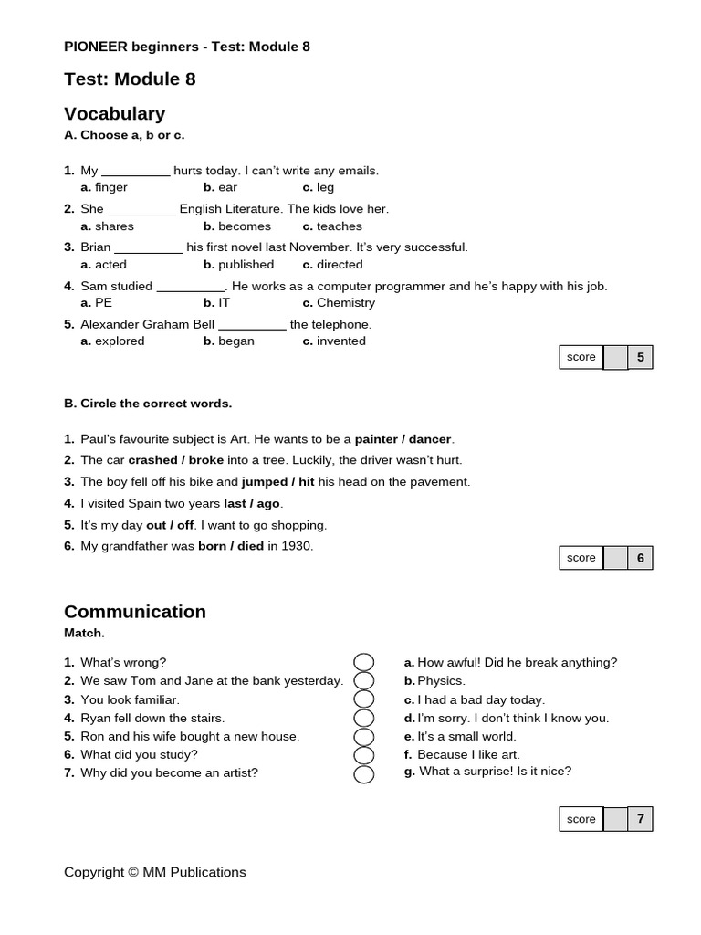 Pioneer Beginners Tests Module 8 | PDF