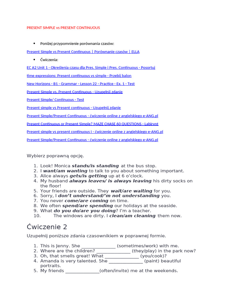 Present Simple vs Continuous Exercises | PDF