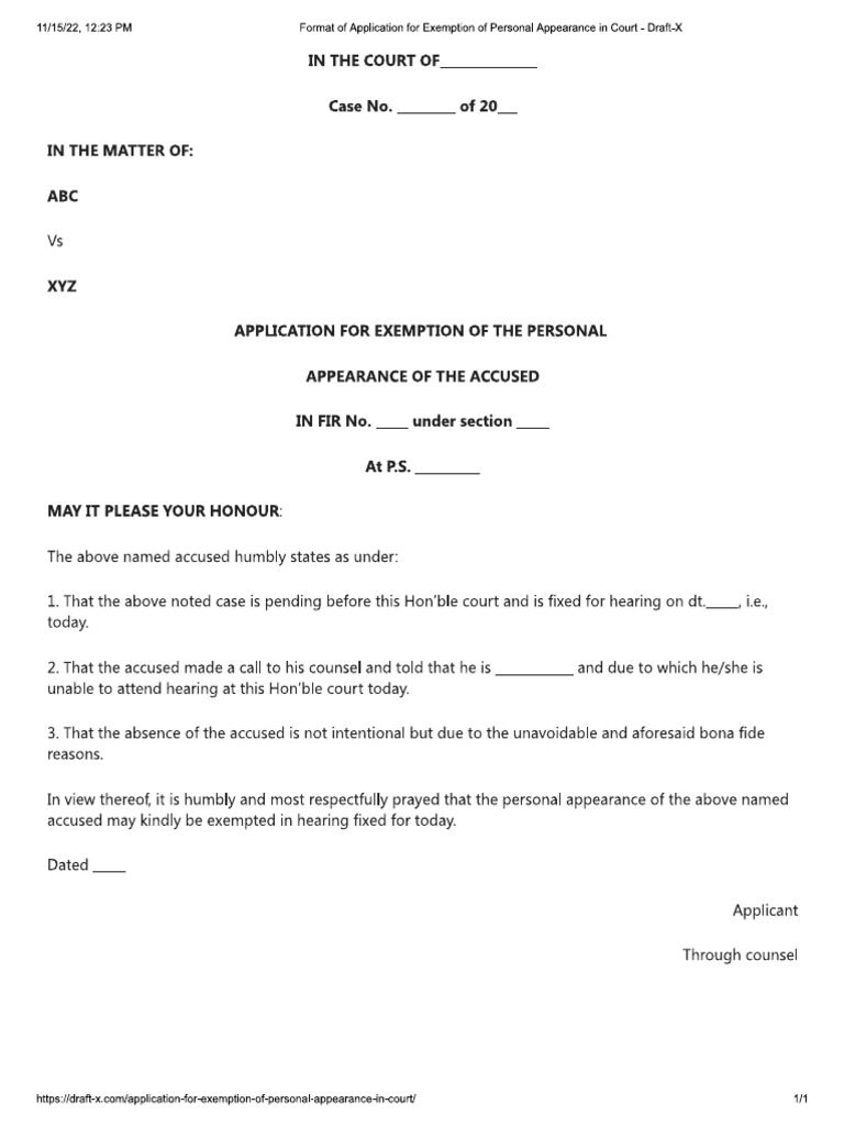 Format of Application For Exemption of Personal Appearance in Court ...