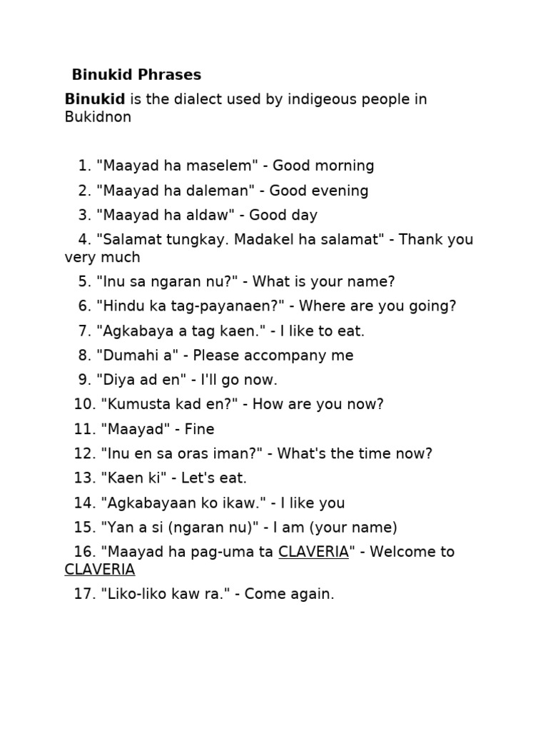 Binukid Phrases and Meanings | PDF