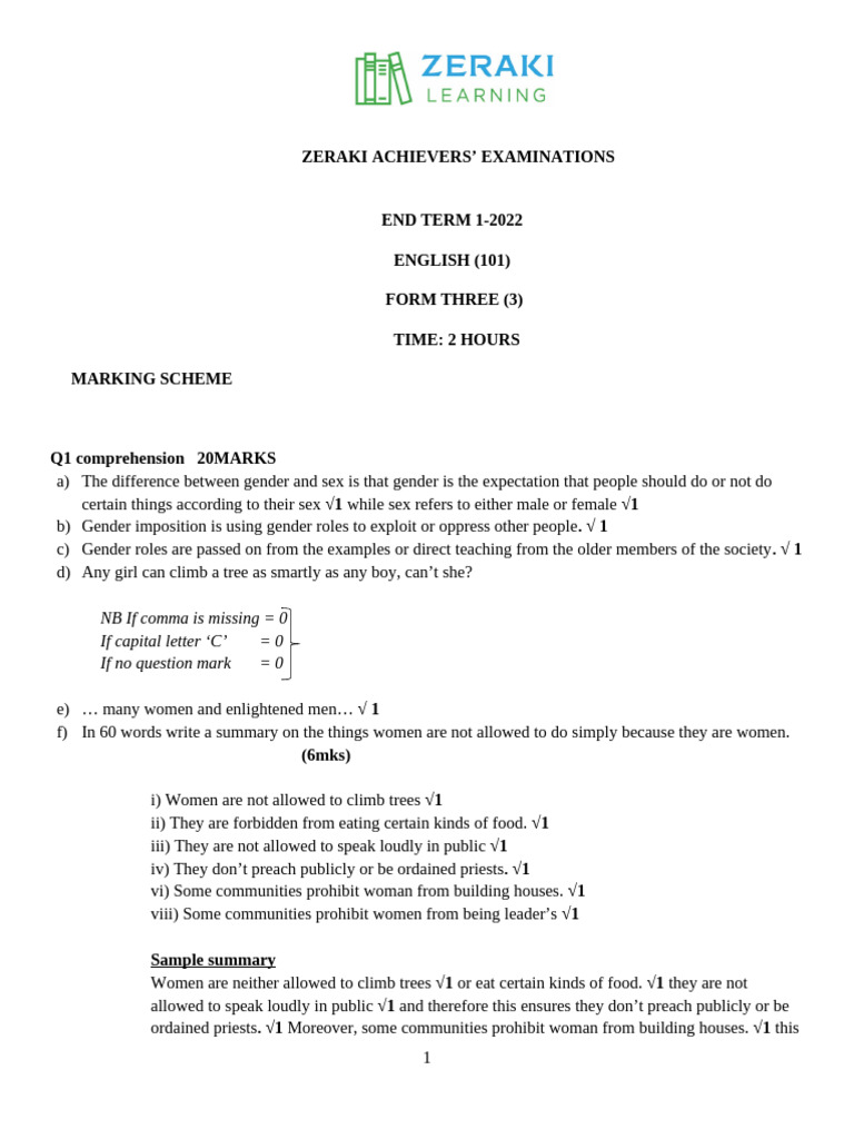 Zeraki - English Form 3 - Marking Scheme | PDF