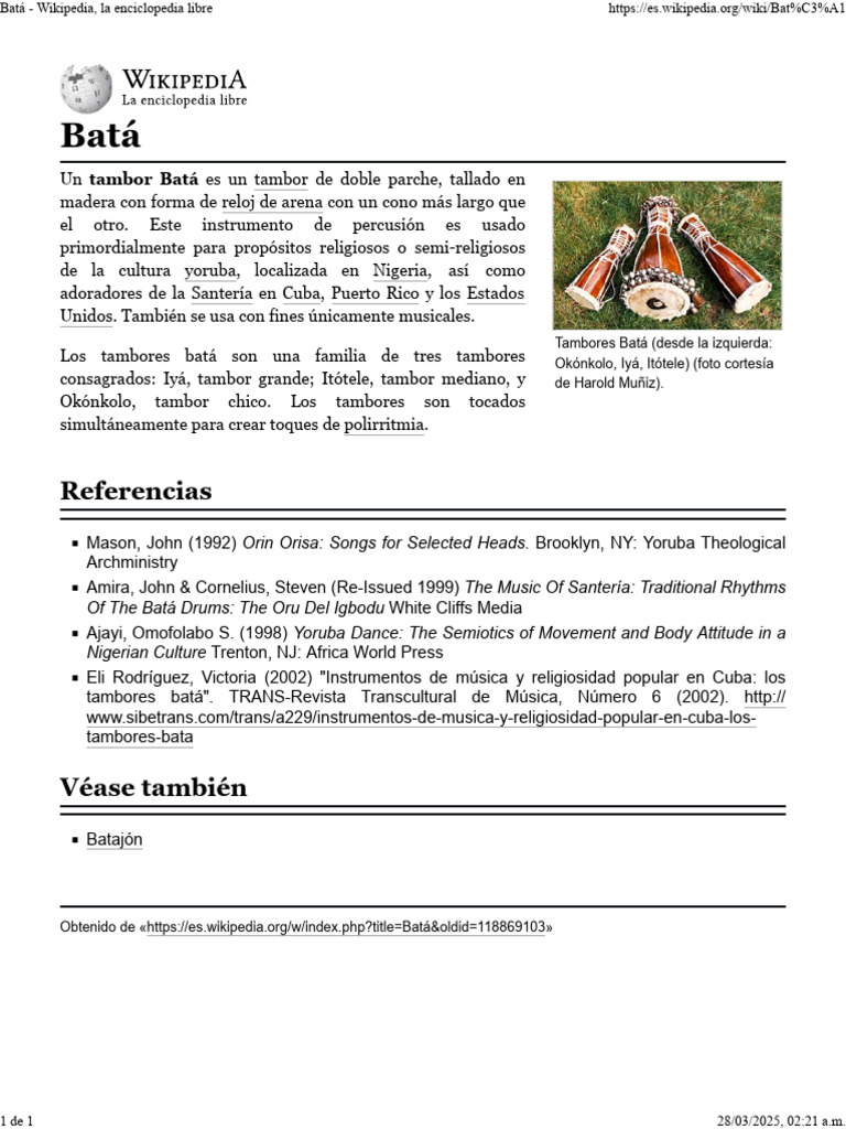 Batá - Wikipedia, La Enciclopedia Libre | PDF