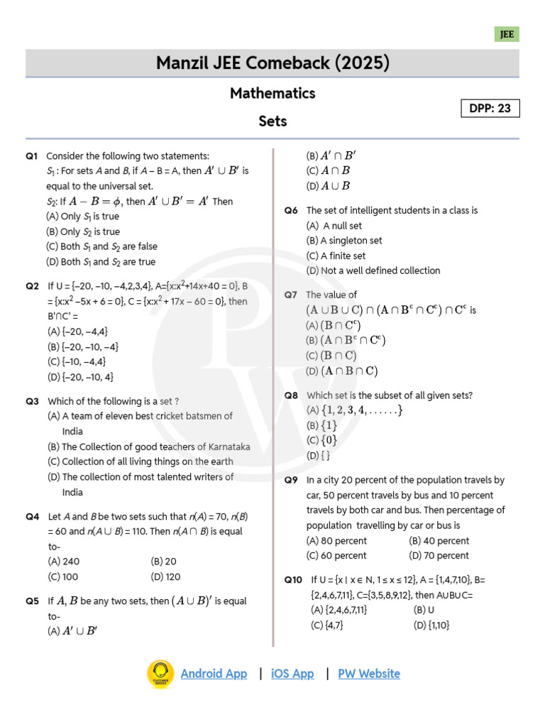 JEE 2025 Mathematics: Set Theory Questions | PDF | Mathematics