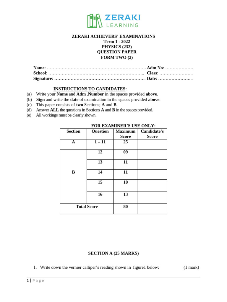 Zeraki - Physics Form 2 - Zeraki Achievers Exam 6.0 - Question Paper ...