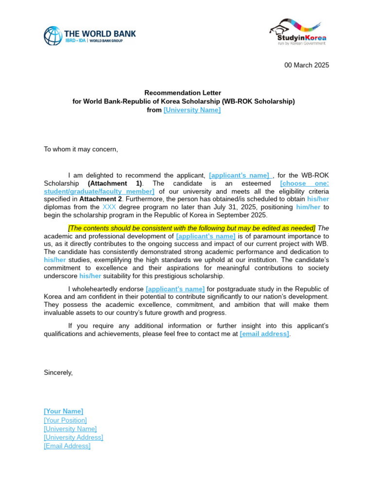 Recommendation Letter Template (To Be Provided To WB-ROK Applicants ...
