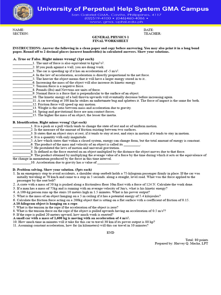 General Physics 1 Final Worksheet | PDF | Force | Mass