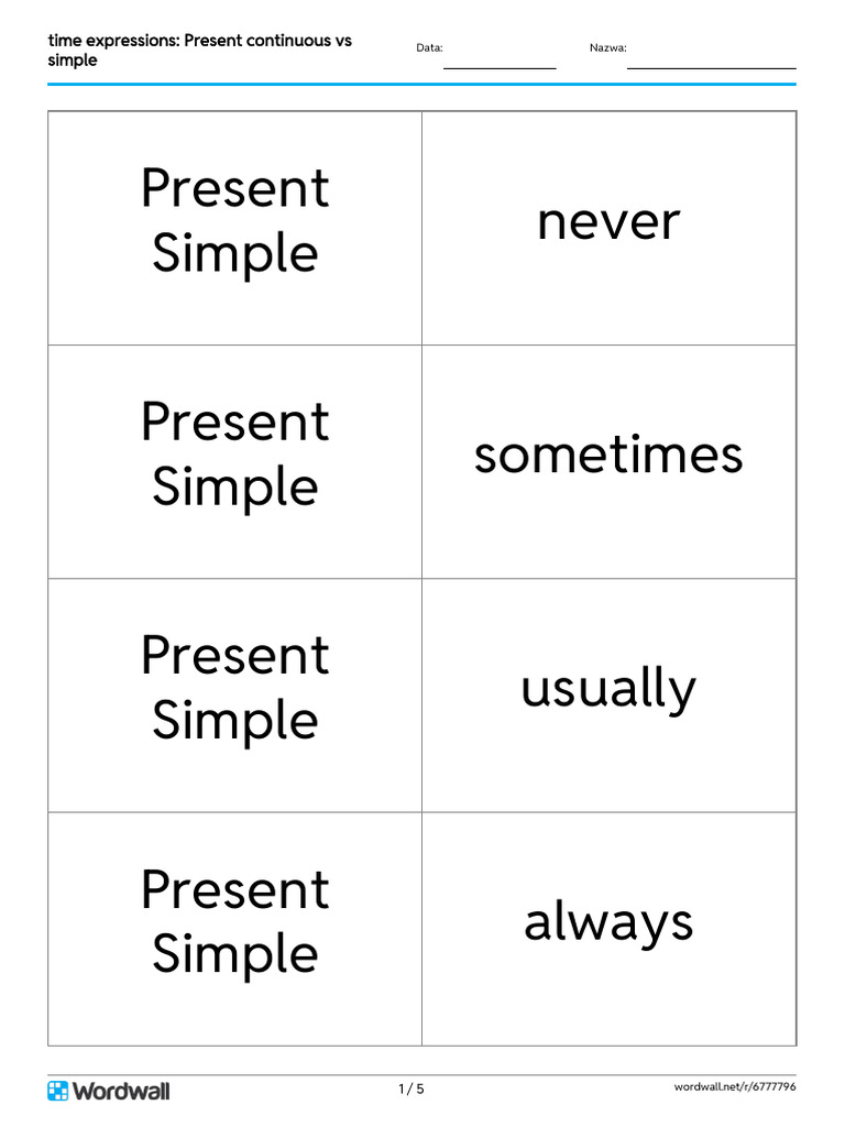 Time Expressions Present Continuous Vs Simple Fiszki | PDF