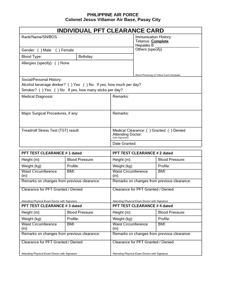 Individual PFT Clearance Card | PDF | Medicine | Clinical Medicine
