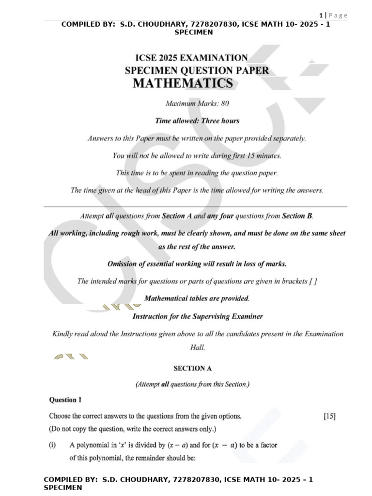 MATH CLASS 10 ICSE SET - 1 | PDF