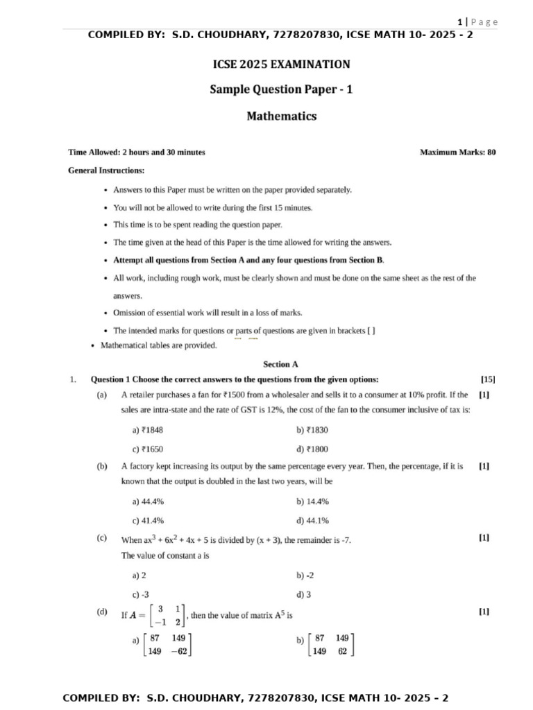 MATH CLASS 10 ICSE SET - 2 | PDF | Matrix (Mathematics) | Linear Algebra